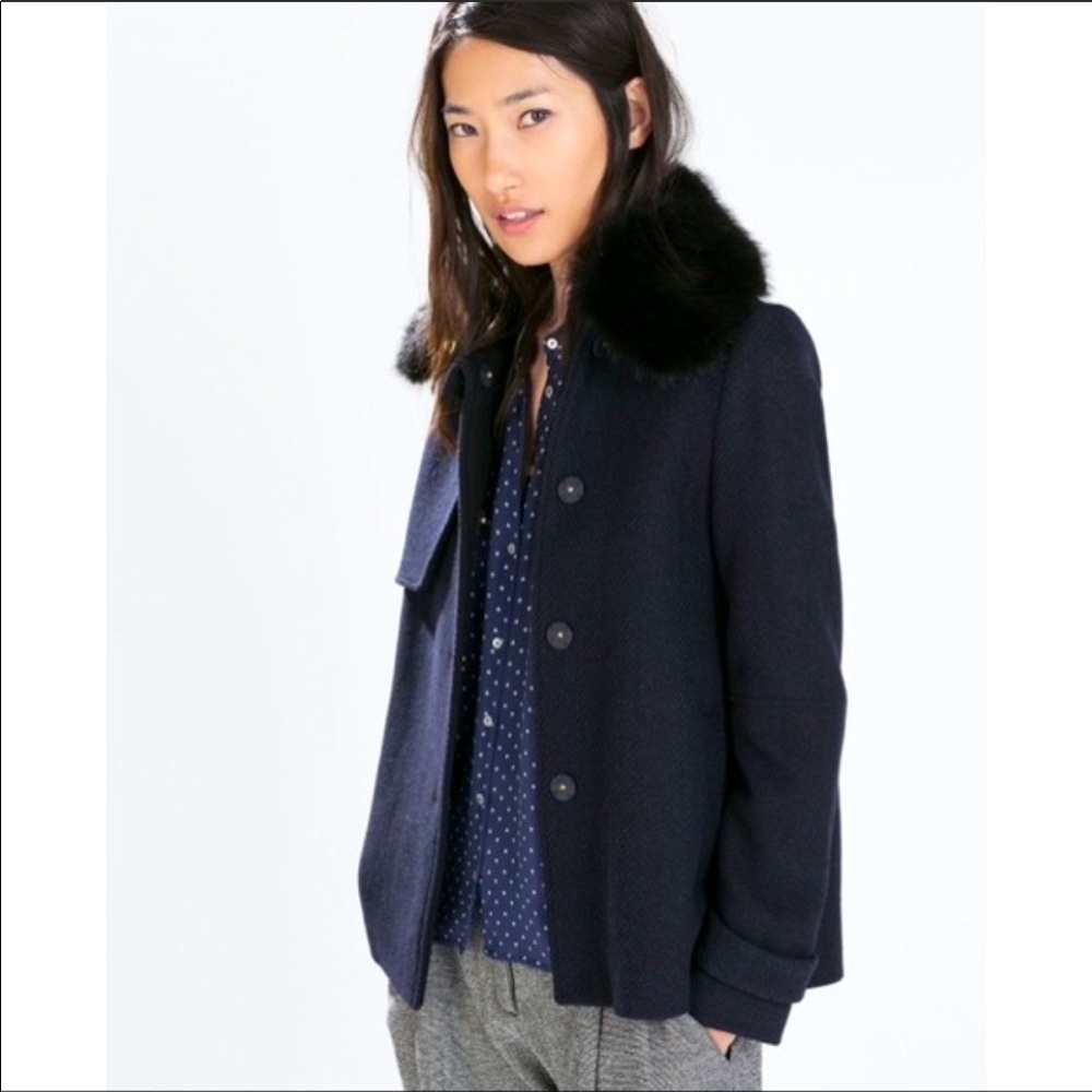Zara Wool Navy Peacoat With Faux Black Fur Collar - Gem